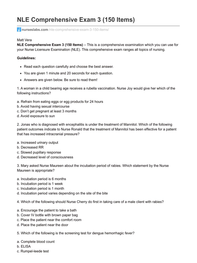 NLE Comprehensive Exam 3: 150 Questions | PDF | Nursing | Mania
