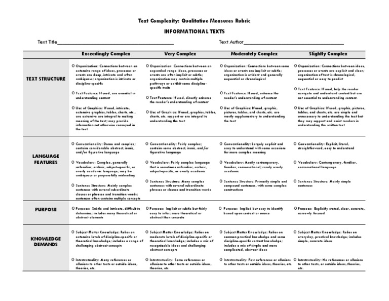 Text Complexity Qualitative Measures Rubric | PDF | Intertextuality ...