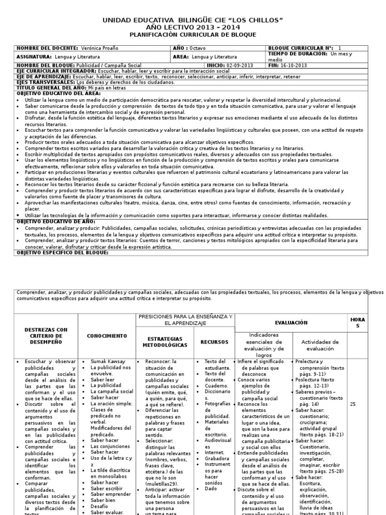 Octavo Planificacion Anual Lengua y Literatura | PDF | Lectura (proceso ...