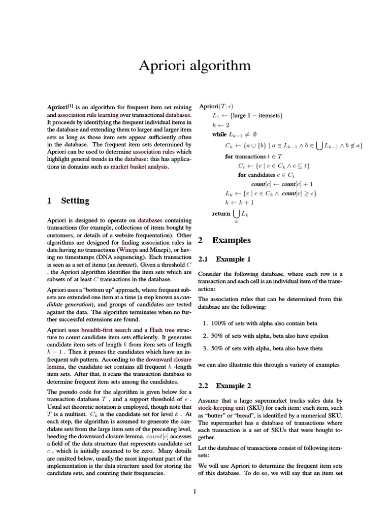 Apriori Algorithm: 1 Setting | PDF | Data | Information Technology Management