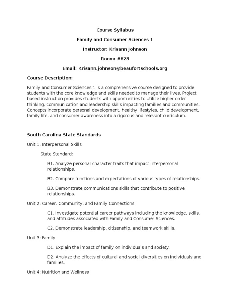 Family and Consumer Sciences Syllabus | PDF