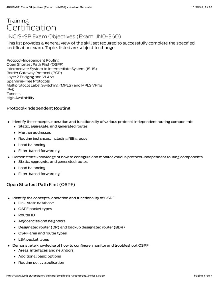 JNCIS-SP Exam Objectives (Exam: JN0-360) - Juniper Networks | PDF ...