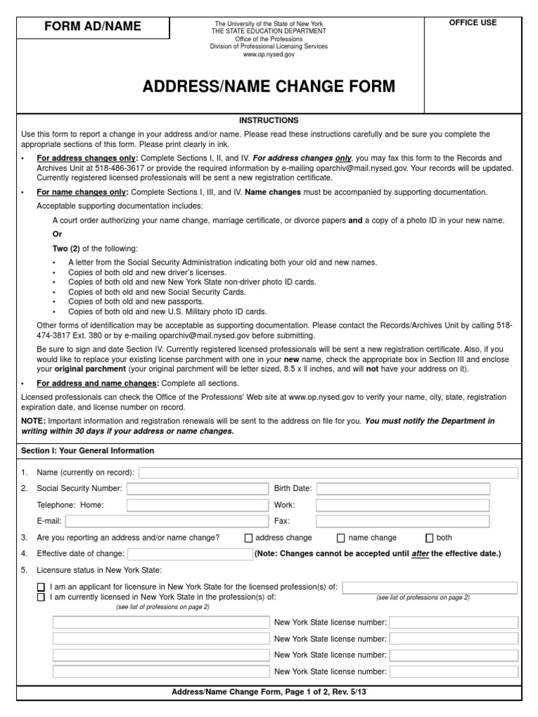 NYS Address and Name Change Form | PDF | Identity Document | Licensure