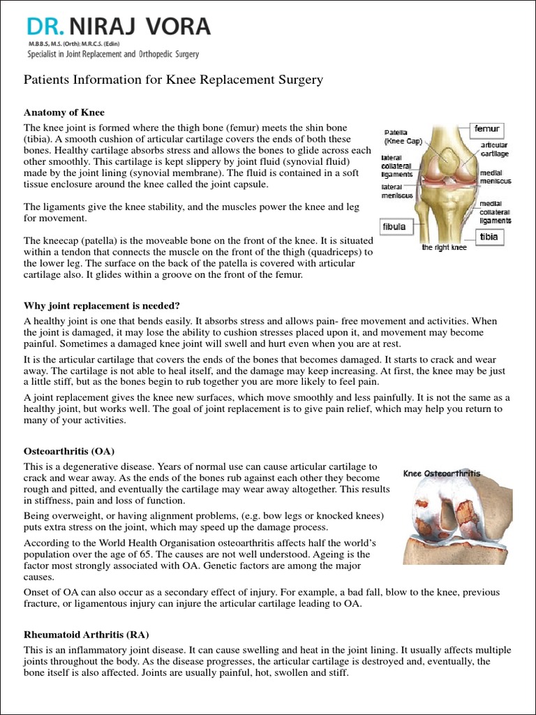 Patients Information For Knee Replacement Surgery | PDF | Knee ...