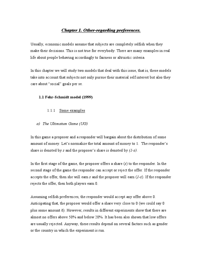 Chapter 1. Other-Regarding Preferences.: 1.1 Fehr-Schmidt Model (1999 ...