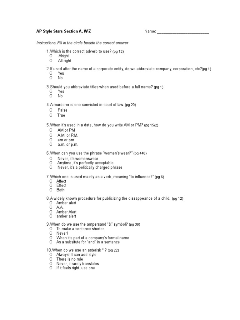 AP Style Quiz: Section A, W-Z | PDF