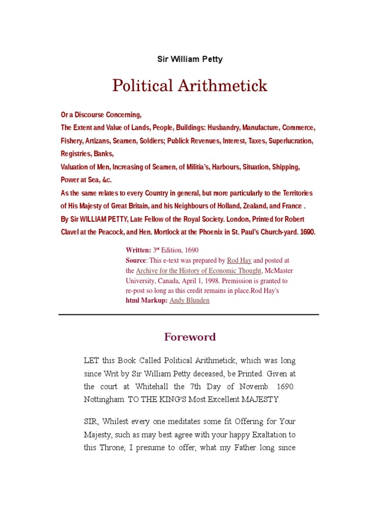 Sir William Petty's Political Arithmetick examines wealth, population ...
