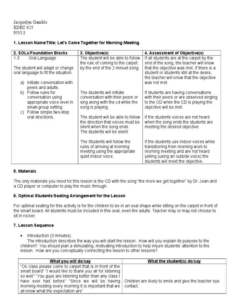 Morning Meeting Lesson Plan | PDF | Classroom | Lesson Plan