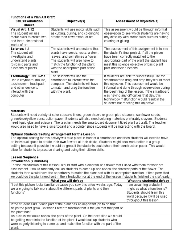 Art Craft Lesson: Flower Functions | PDF | Flowers | Educational Assessment