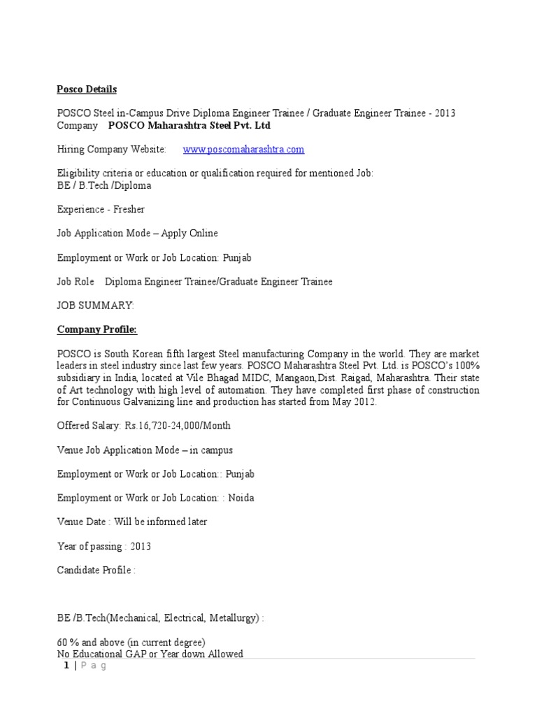 POSCO's Graduate Engineer Trainee Program | PDF | Sales | Business