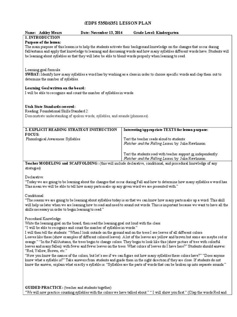 Lesson Plan - Syllables | PDF | Lesson Plan | Semiotics