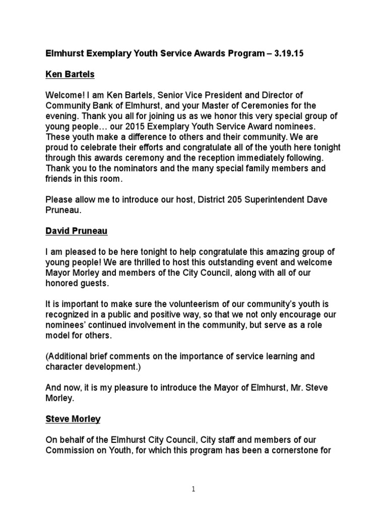 2015 Exemplary Youth Service Award Script | Ymca | Volunteering