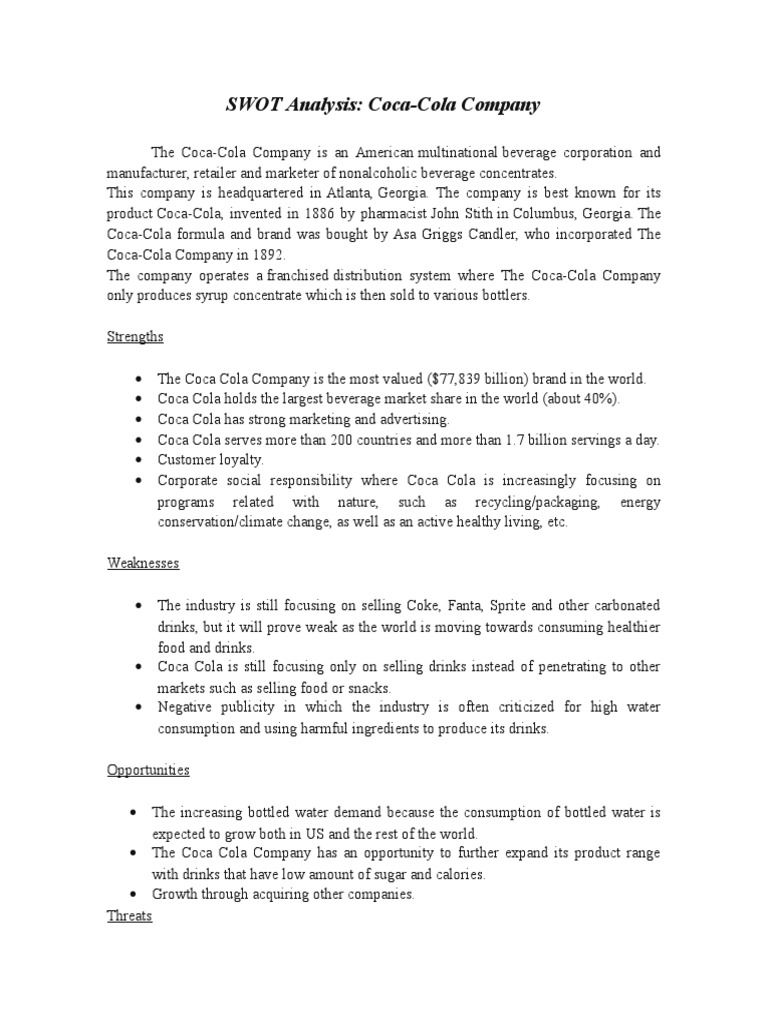 SWOT Analysis: Coca-Cola Company | PDF | Coca Cola | The Coca Cola Company