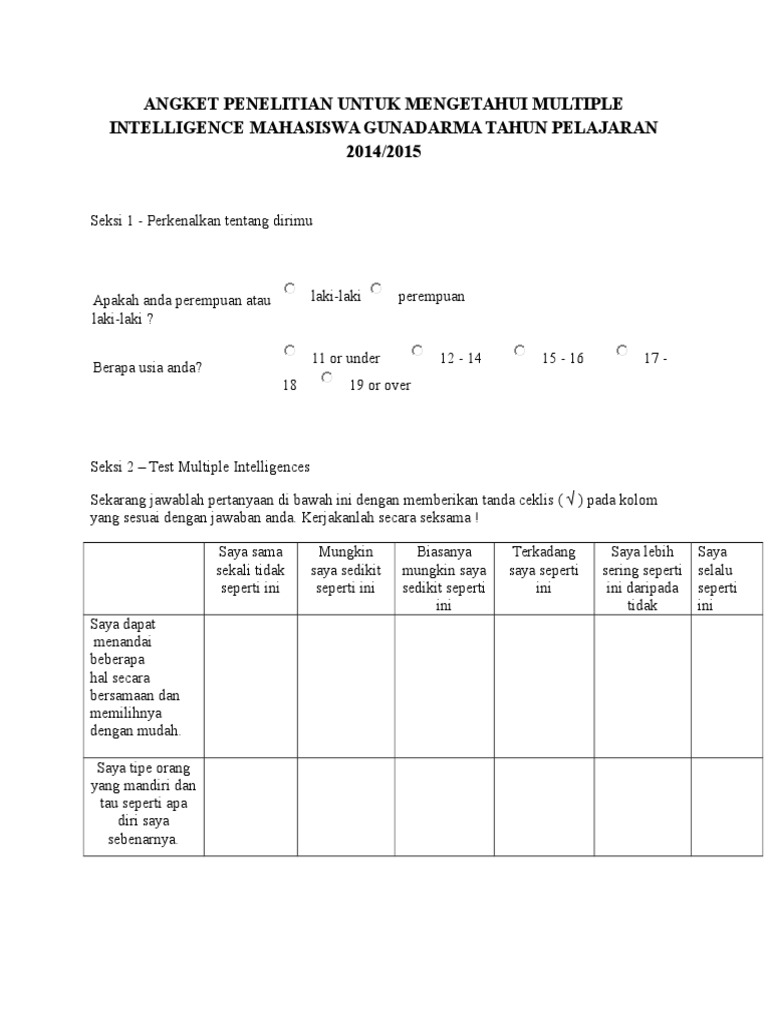 Contoh Angket Multiple Intelegence | PDF | Pengembangan Diri | Gaya Hidup