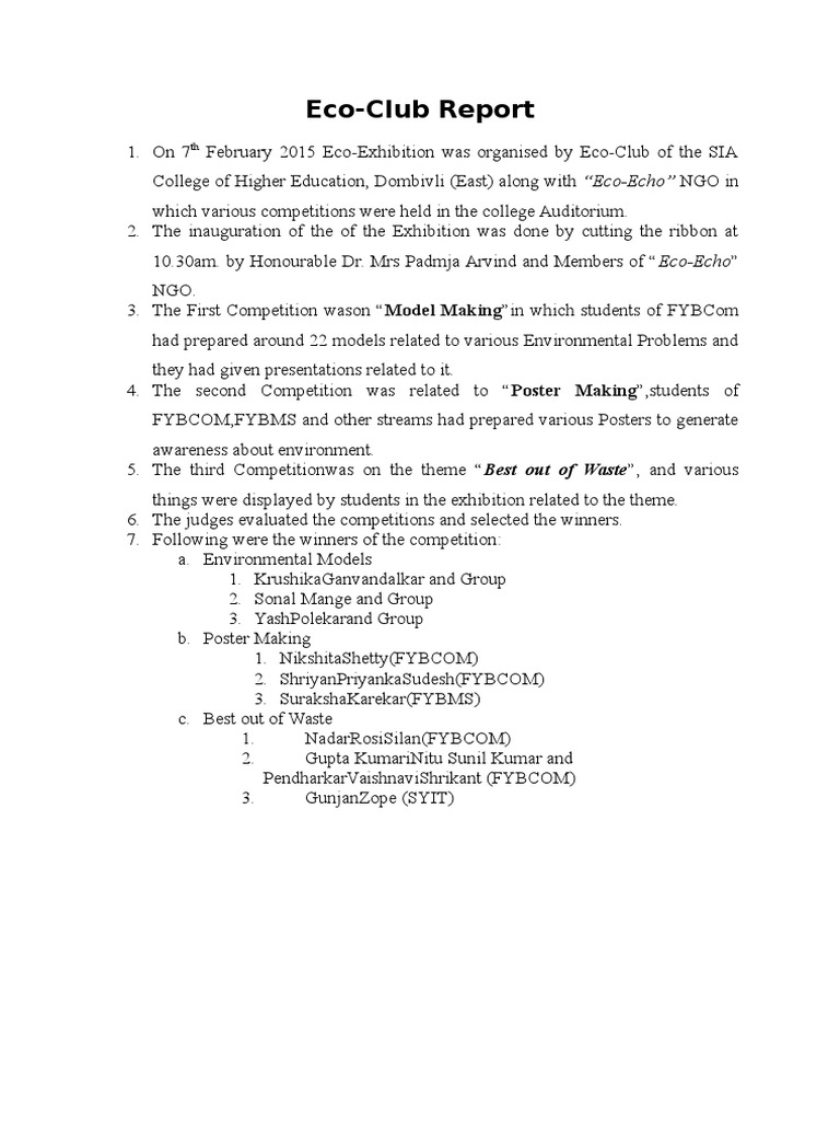 Eco Club Report | PDF | Art | Science & Mathematics