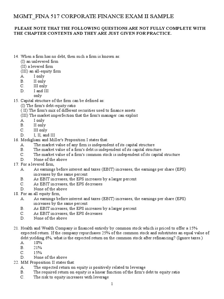 Sample Corporate Finance Exam Ii | PDF | Capital Structure | Cost Of ...