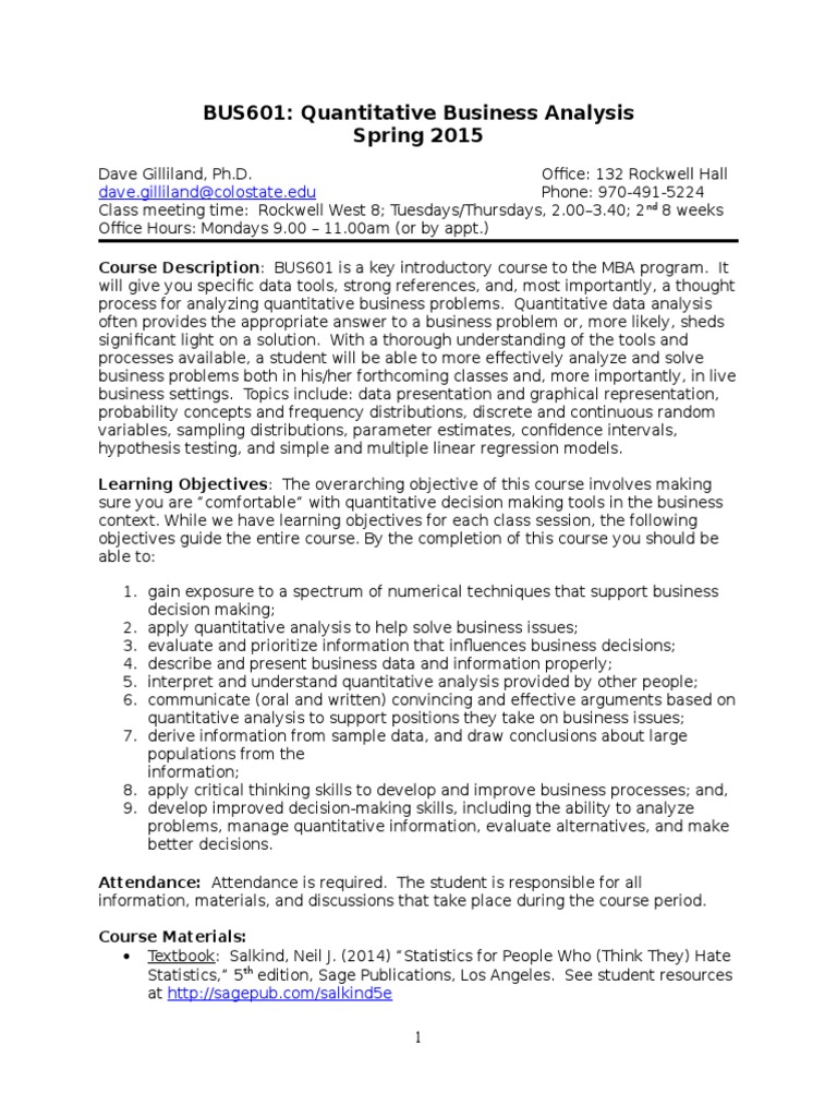 BUS601 Syllabus Gilliland SP15 | PDF | Statistics | Regression Analysis