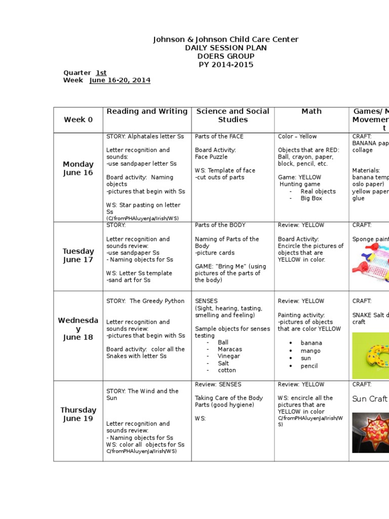 Johnson & Johnson Child Care Center Daily Session Plan Doers Group PY ...