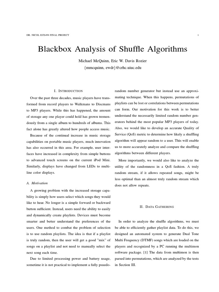 Blackbox Analysis of Shuffle Algorithms: Michael Mcquinn, Eric W. Davis Rozier | PDF ...