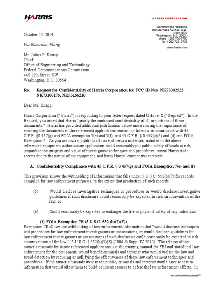 Harris Letter & Response: Request For Confidentiality, FOIA 2014-669 ...