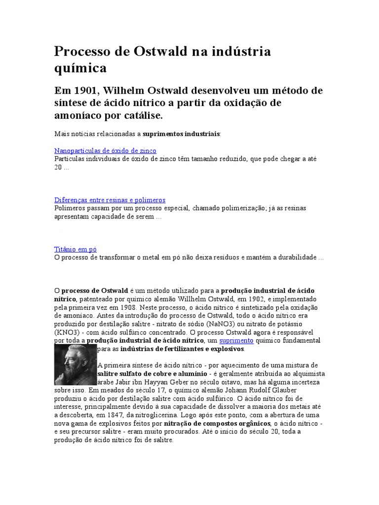Processo Ostwald: Produção de Ácido Nítrico | PDF | Ácido nítrico ...