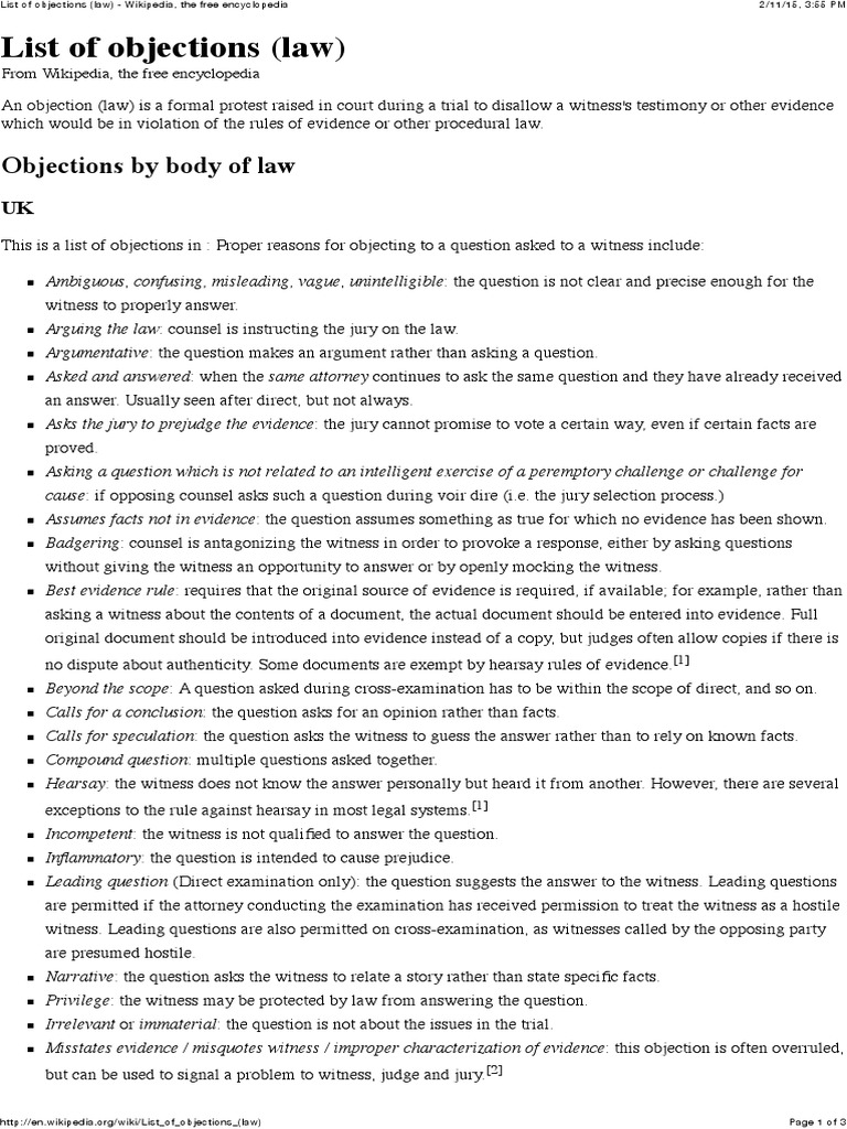List of Objections (Law) - Wikipedia, The Free Encyclopedia | PDF ...