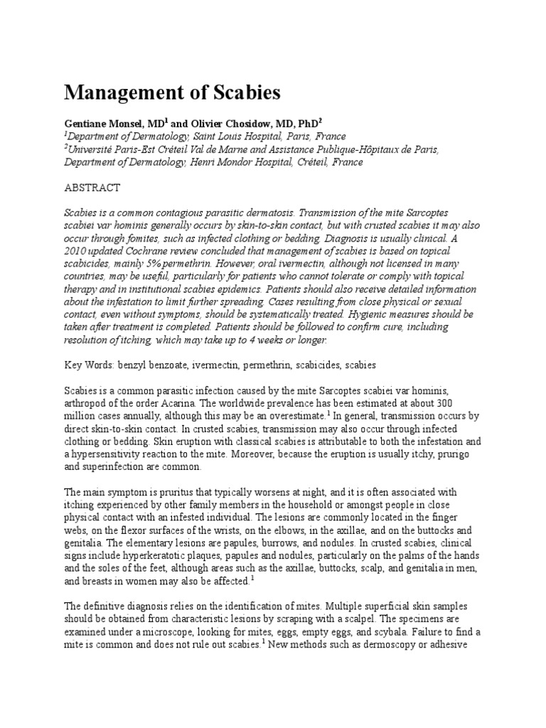 Management of Scabies | PDF | Medical Specialties | Health Care