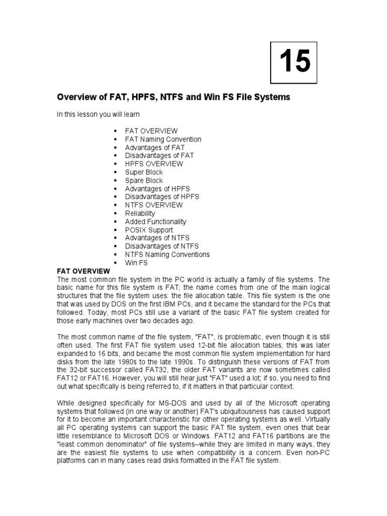 Comparing Windows File Systems: An In-Depth Look at FAT, HPFS, NTFS and WinFS | PDF | File ...
