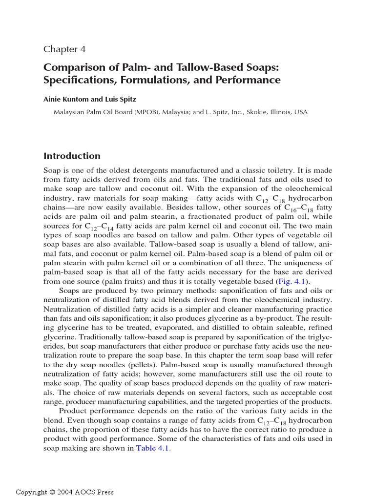 Comparison of Palm-And Tallow-Based Soaps: Specifications, Formulations ...