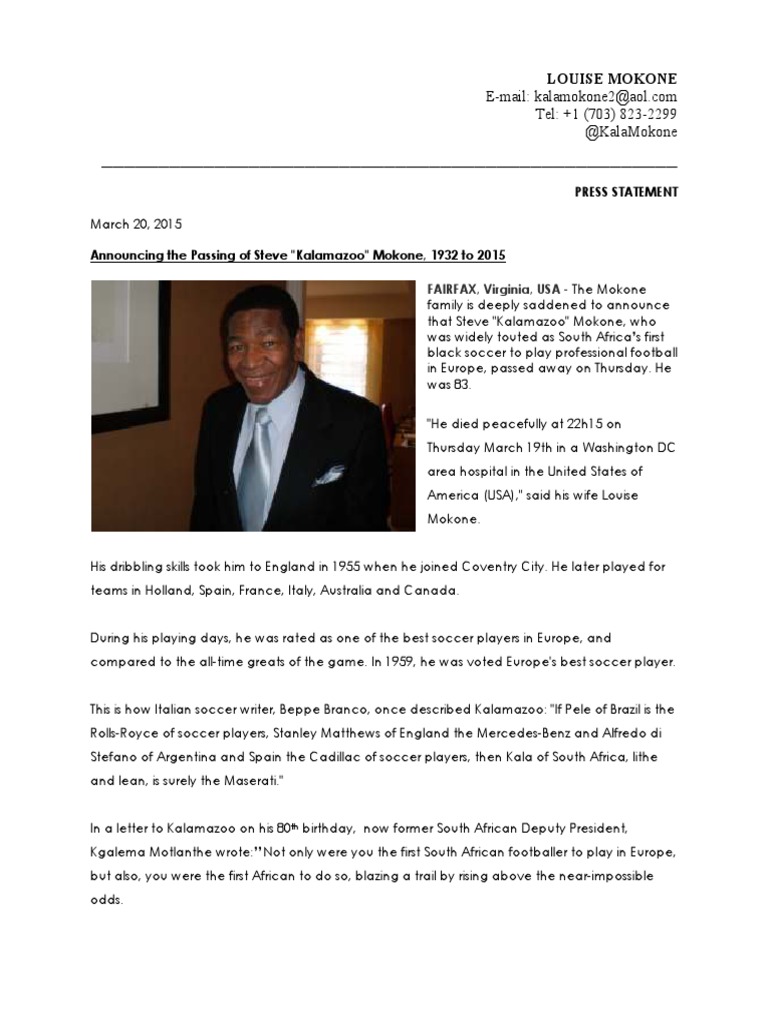 Updated Announcement of Passing of Steve Mokone | PDF | Sports