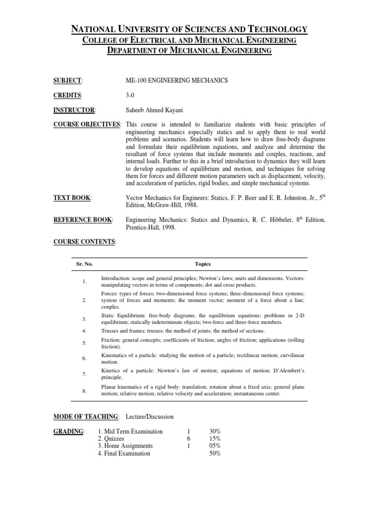 Engineering Mechanics Course Overview | PDF