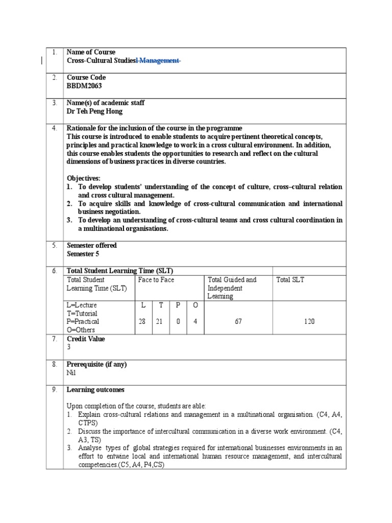 BBDM2063 Cross-Cultural Studies Revised 20130904 | PDF | Cross Cultural ...