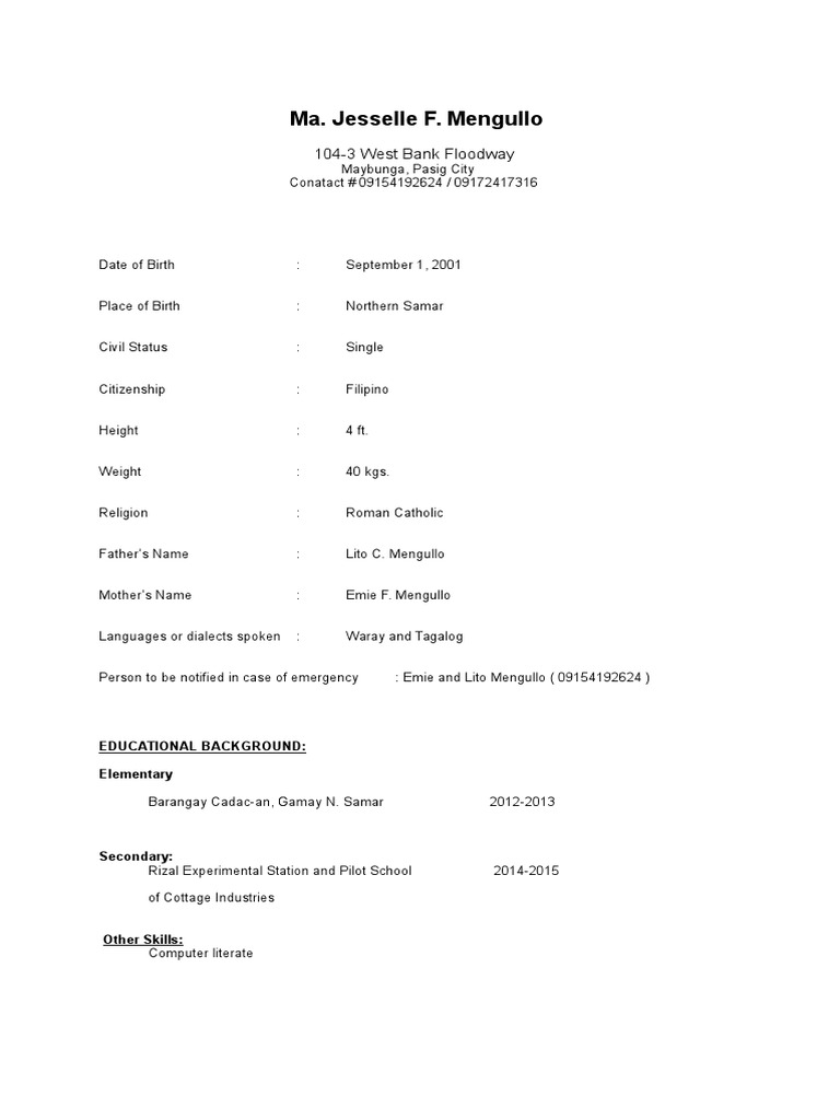 Personal Profile of Ma. Jesselle F. Mengullo | PDF