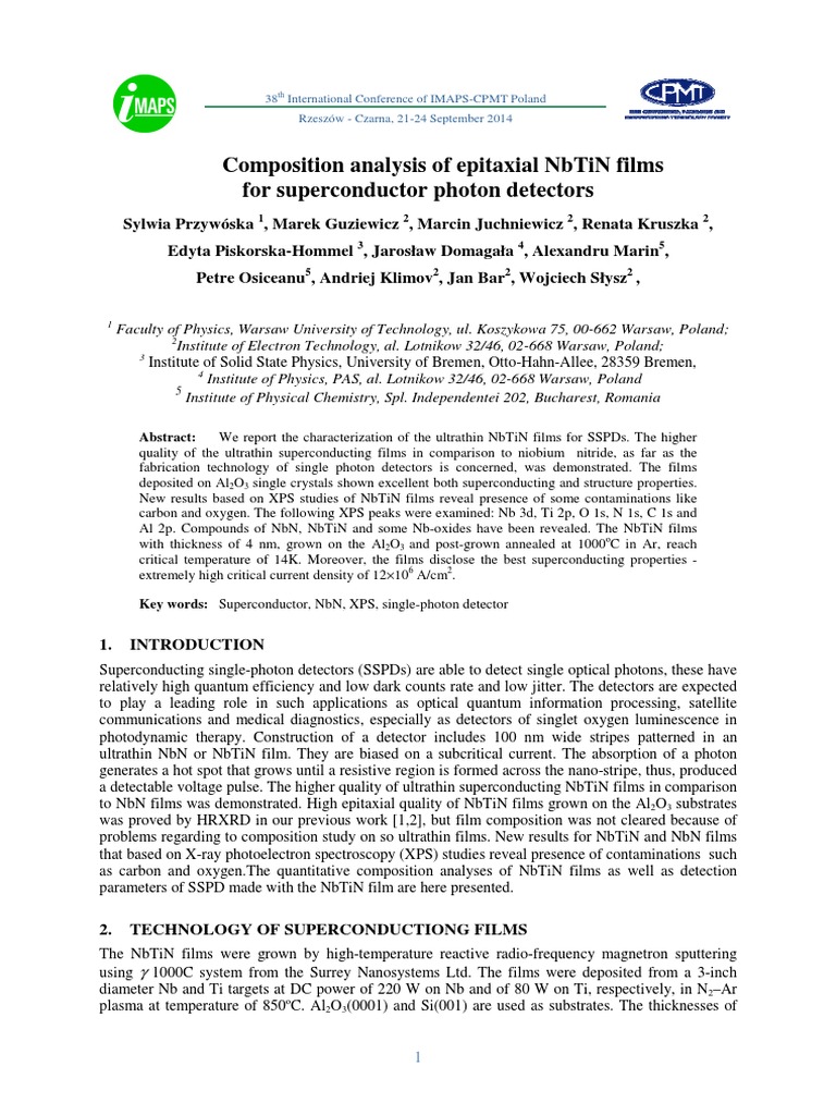 Composition Analysis of Epitaxial Nbtin Films For Superconductor Photon Detectors | PDF | X Ray ...