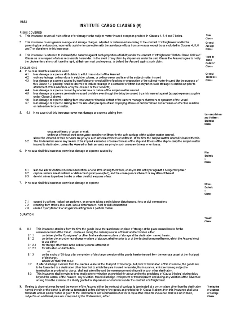 Institute Cargo Clauses (A) : Risks Covered 1. 2 | PDF | Insurance ...