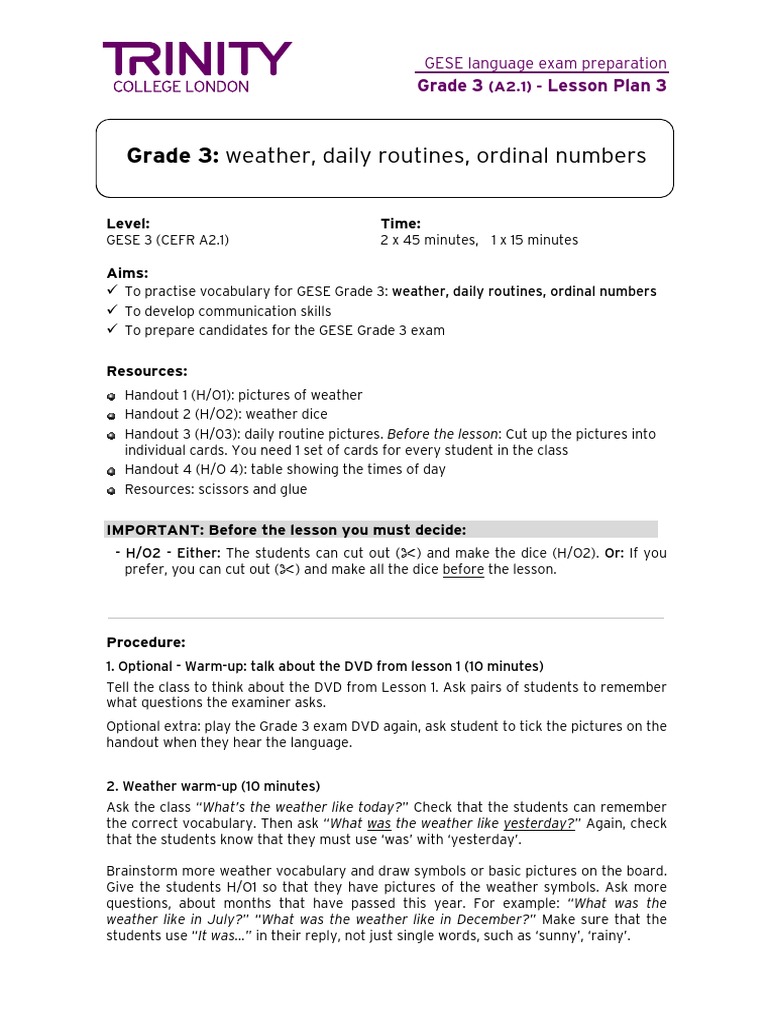 GESE Grade 3 - Lesson Plan 3 - Weather, Daily Routines, Ordinal Numbers ...