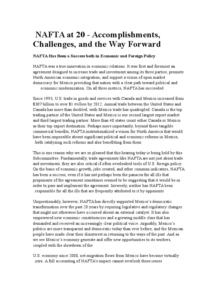 NAFTA at 20 - Accomplishments, Challenges, and The Way Forward | PDF ...