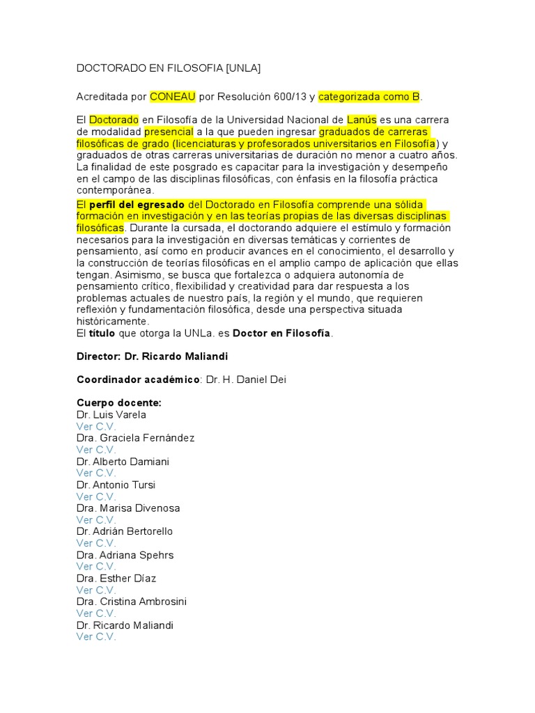 Doctorado en Filosofia (Unla) | PDF | Doctorado | Universidad