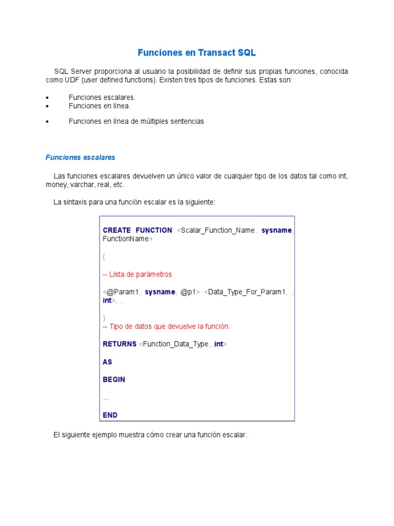 Funciones en Transact SQL | Descargar gratis PDF | SQL | Datos