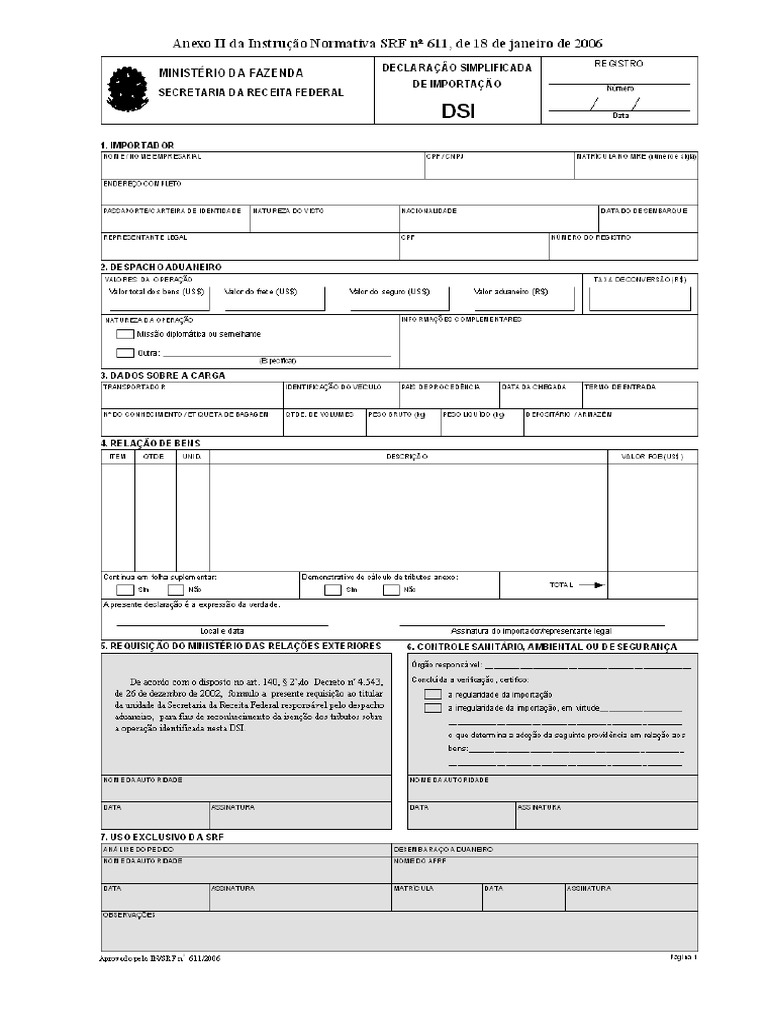 Formulário Declaração Simplificada de Importação - DSI | PDF
