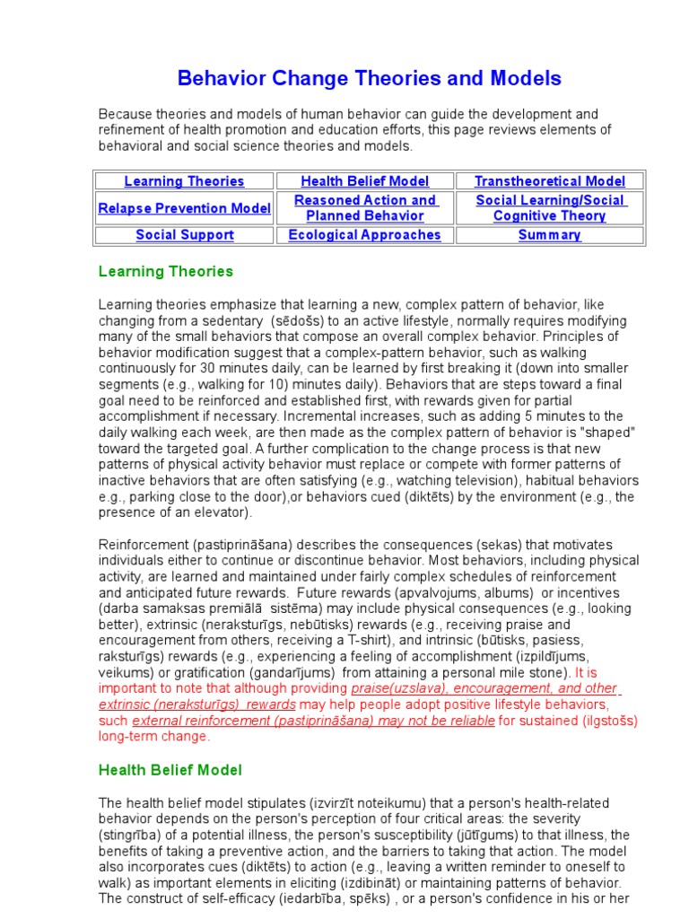 Behavior Change Theories and Models | PDF | Behavior | Self Efficacy
