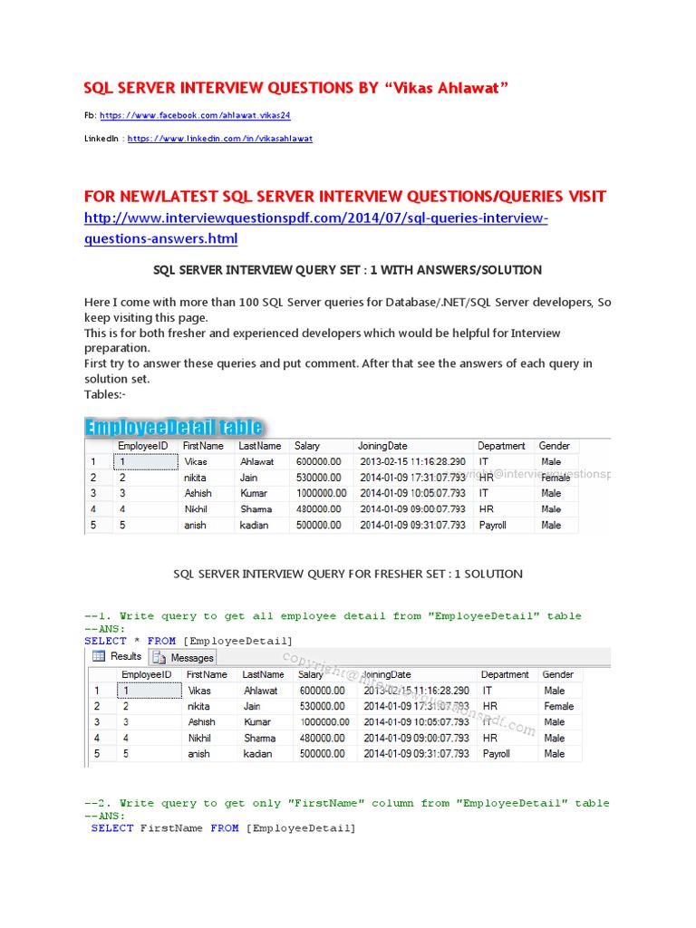 SQL Server Interview Questions Queries by Vikas Ahlawat | PDF ...