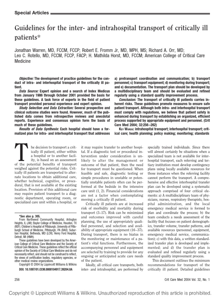 Guidelines For The Inter - and Intrahospital Transport of Critically ...
