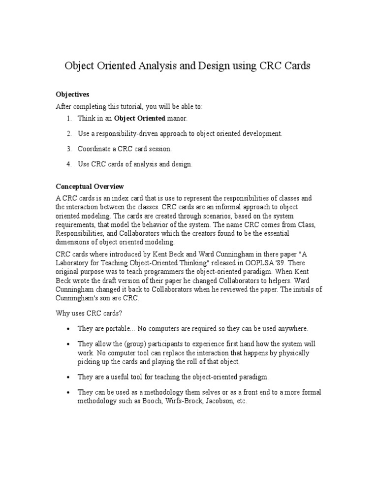 Object Oriented Analysis and Design Using CRC Cards: Objectives | PDF ...