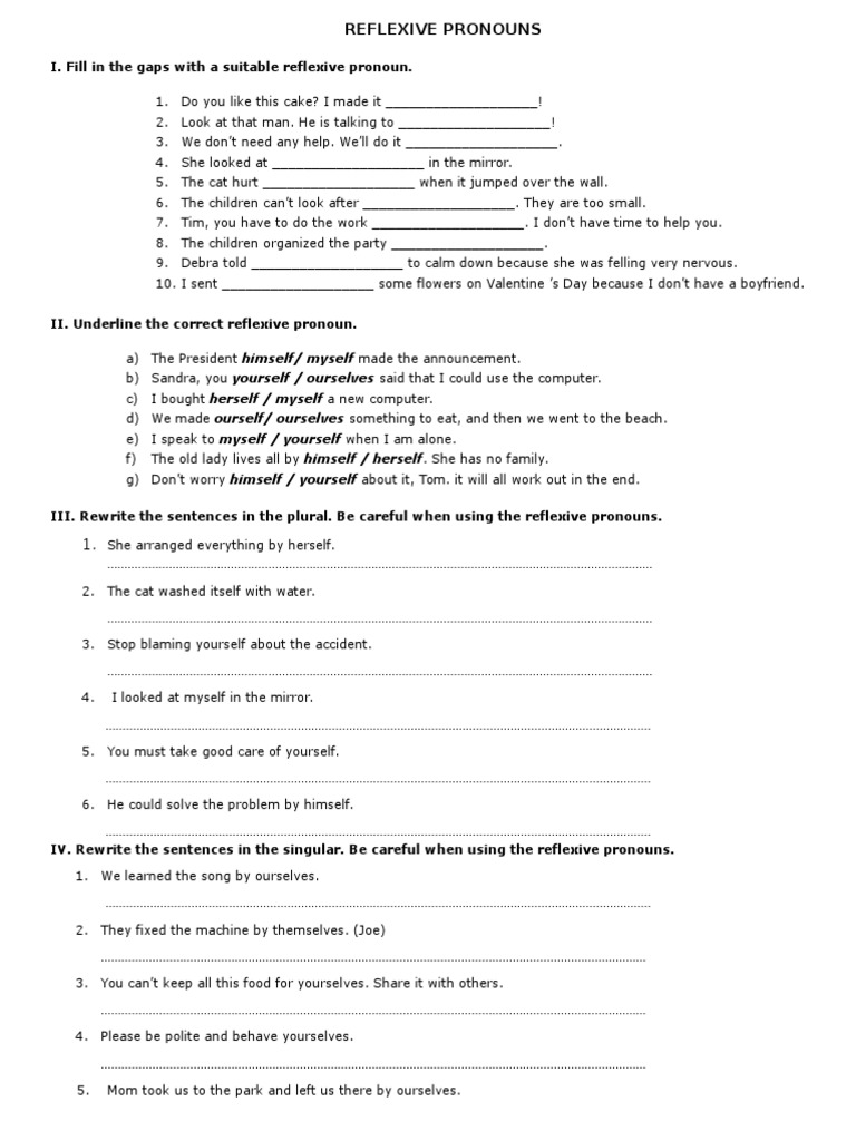 Reflexive Pronouns Worksheet Exercises | PDF
