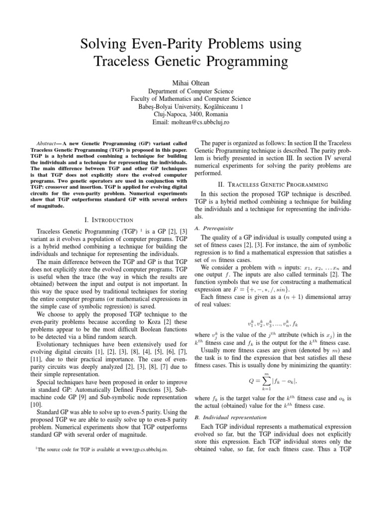 Solving Even Parity Problems Using Traceless Genetic Programming Pdf Evolution Teaching