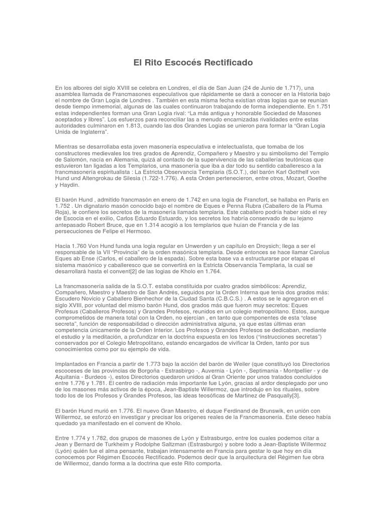 Rito Escocés Rectificado: Orígenes y Estructura | PDF | Masonería ...