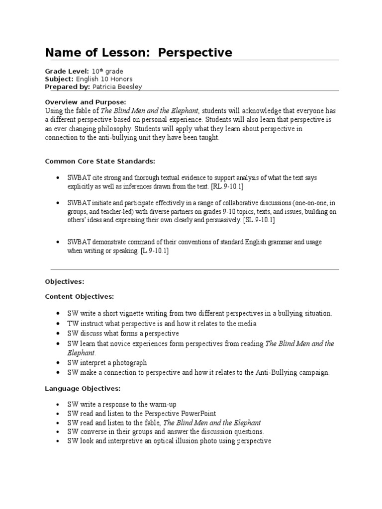 Perspective Lesson Plan | PDF | Pedagogy | Semiotics