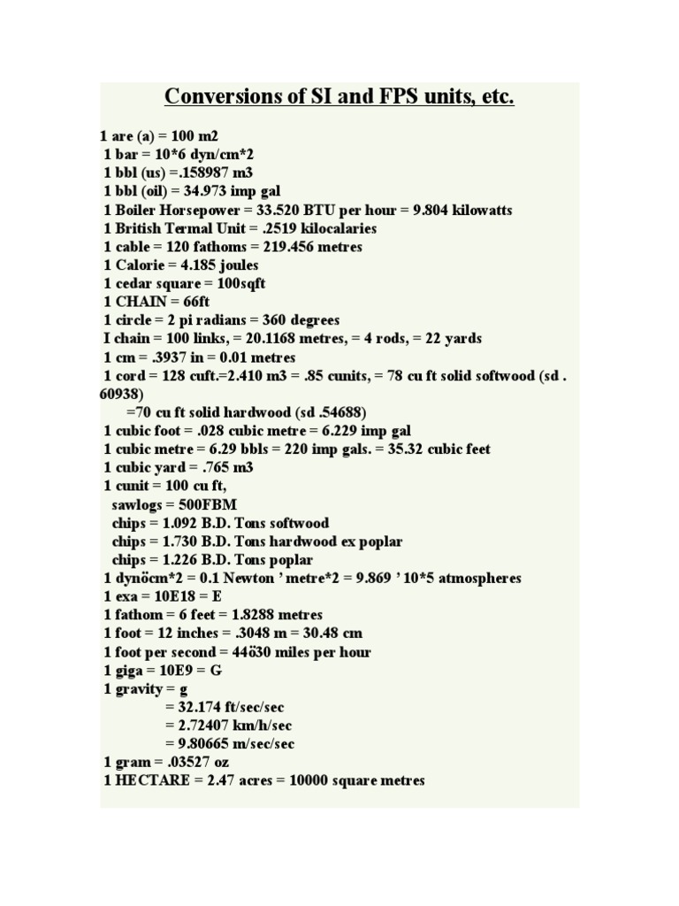 Conversions of SI and FPS Units | PDF