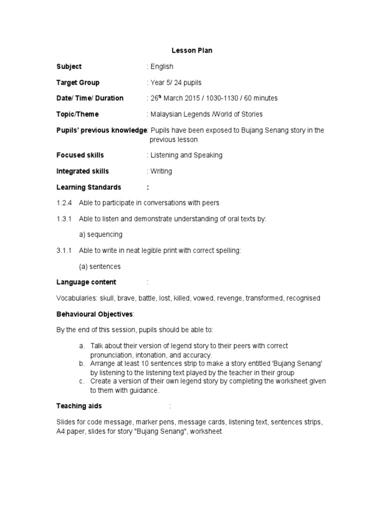 Lesson Plan Malaysian Legends | Lesson Plan | Cognition